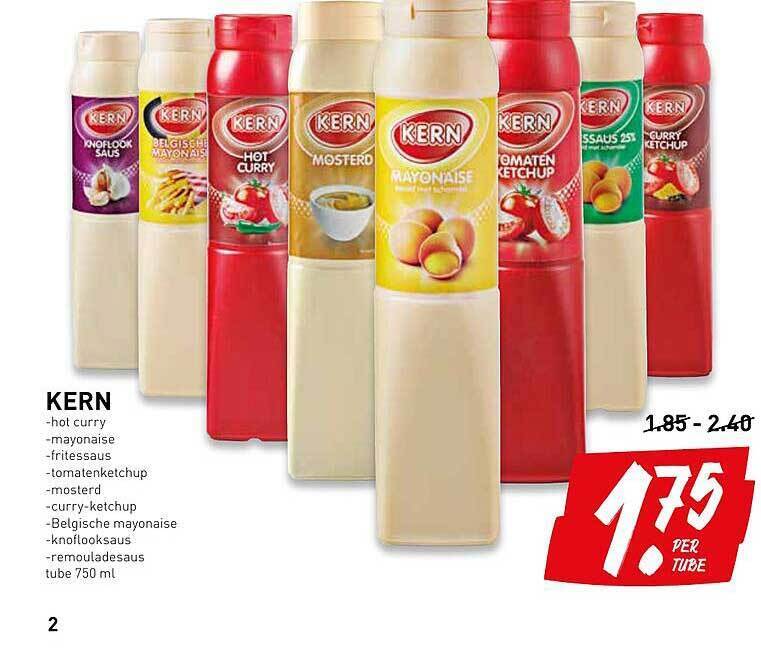 Kern hot curry, mayonaise, fritessaus, tomatenketchup, mosterd, curry ...