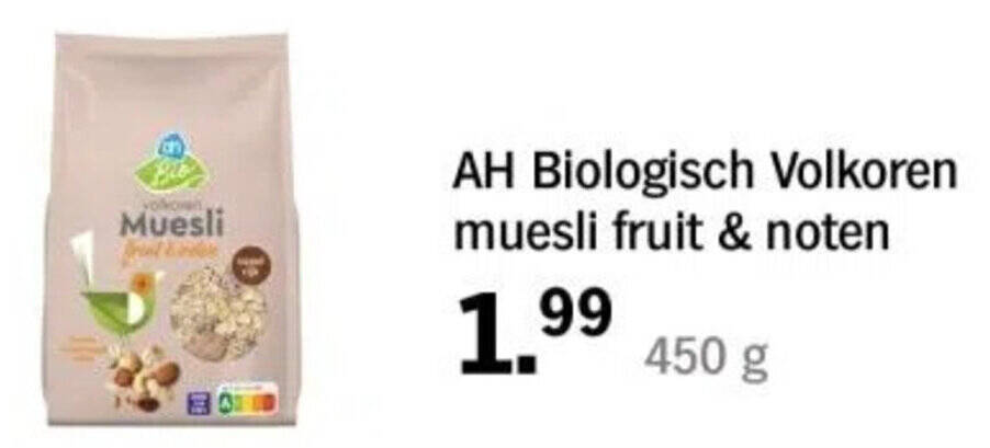 AH Biologisch Volkoren muesli fruit & noten 450 g aanbieding bij Albert ...
