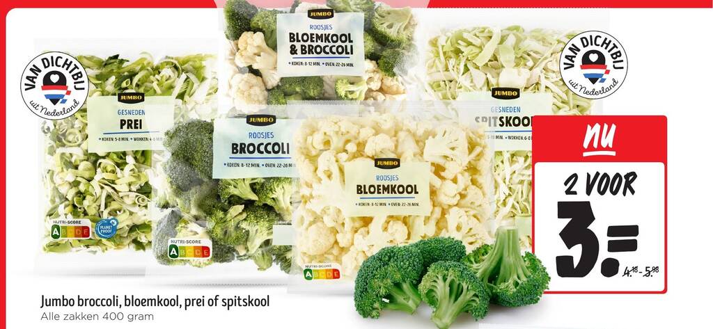 Jumbo broccoli, bloemkool, prei of spitskool 400 g aanbieding bij Jumbo