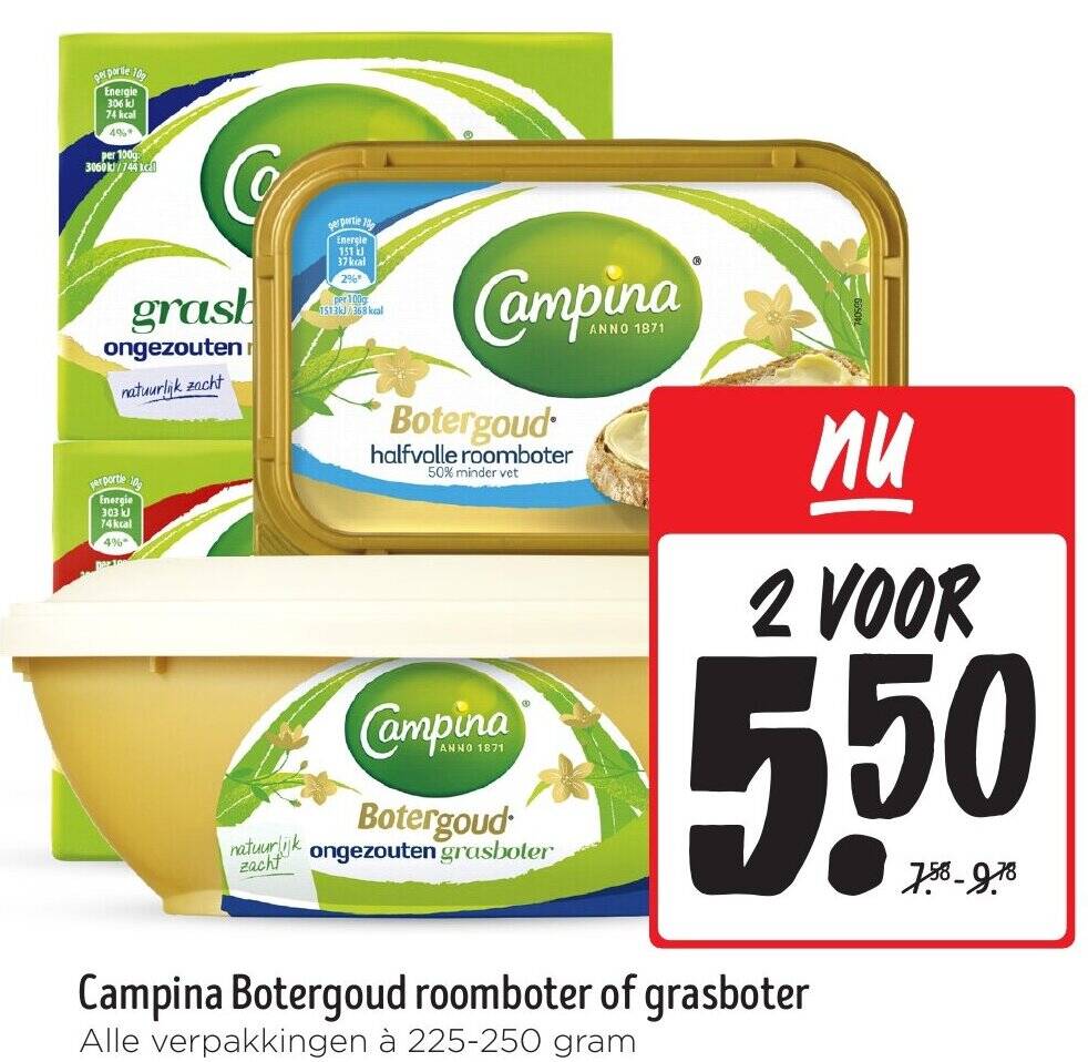 Campina Botergoud roomboter of grasboter 225 - 250 g aanbieding bij Jumbo