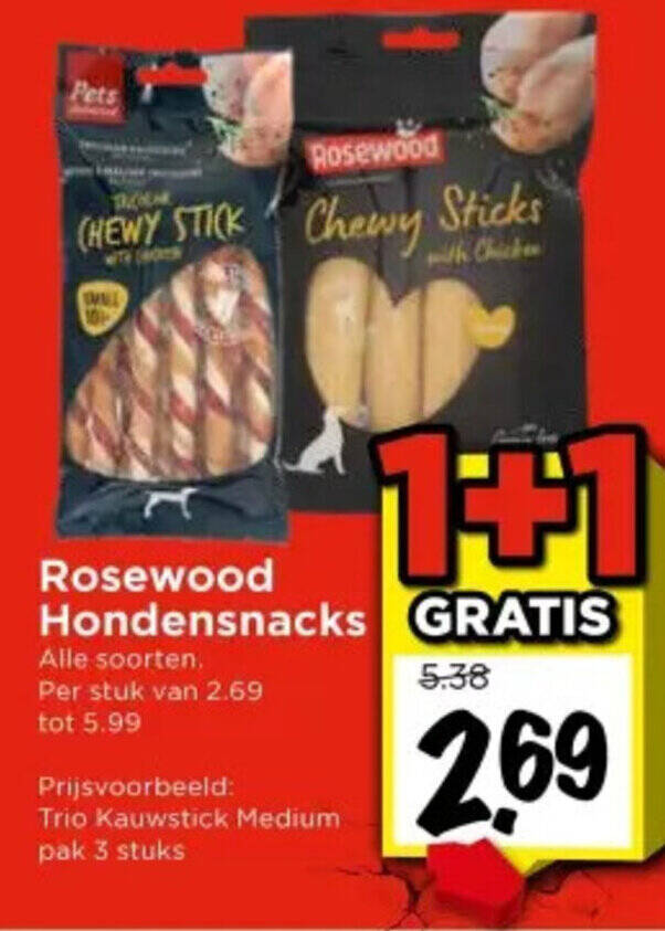 Rosewood Hondensnacks 1+1 Gratis aanbieding bij Vomar Voordeelmarkt
