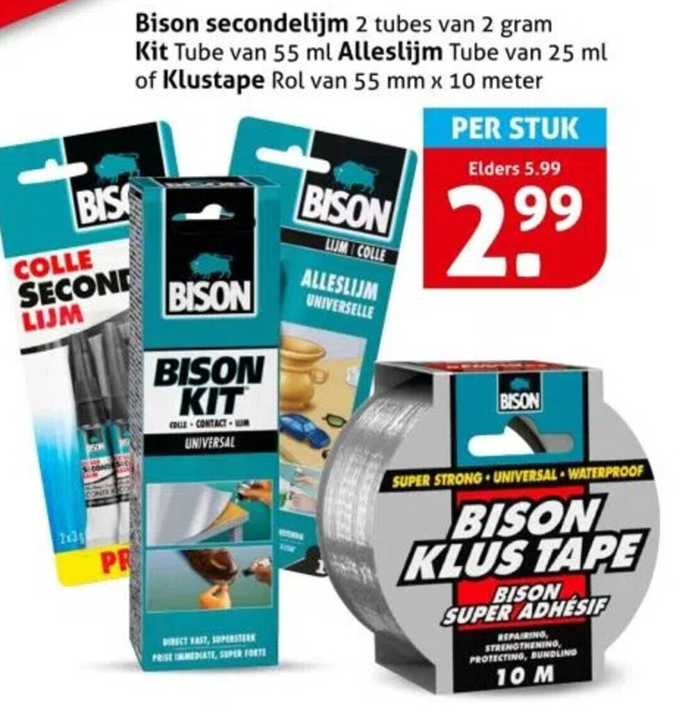 Bison secondelijm, Kit, Alleslijm of Klustape aanbieding bij Hoogvliet