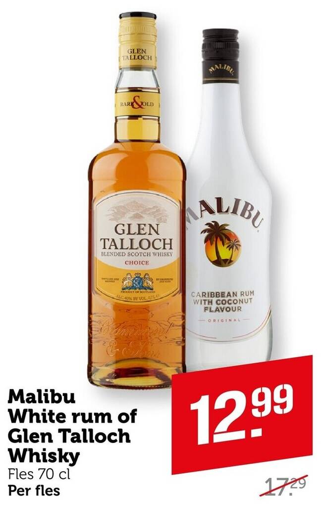 Malibu White rum of Glen Talloch Whisky 70 cl aanbieding bij Coop