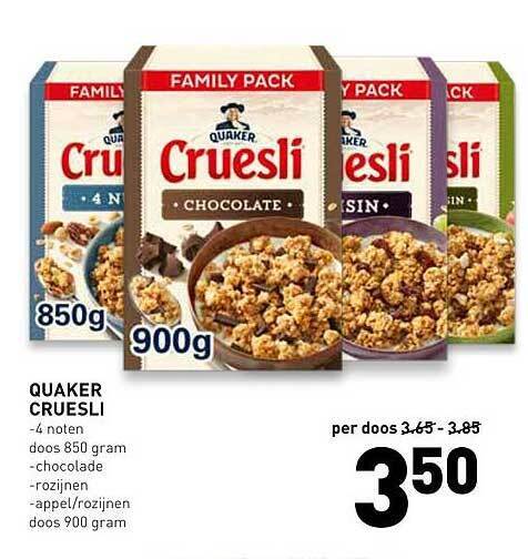 Quaker cruesli 4 noten, chocolade, rozijnen of appel-rozijnen 900 gram ...