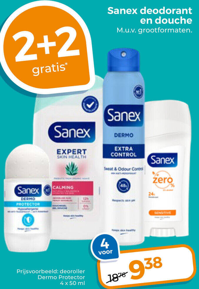Sanex deodorant en douche 50 ml 2+2 gratis aanbieding bij Trekpleister