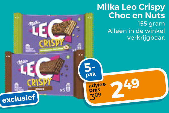 Milka Leo Crispy Choc en Nuts 155 g. aanbieding bij Trekpleister