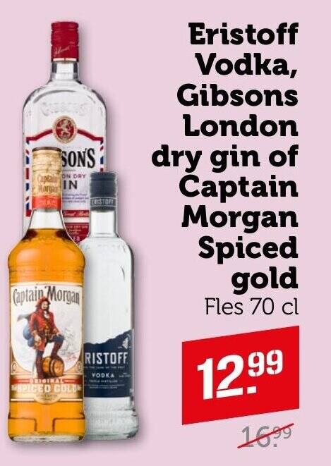Eristoff Vodka, Gibsons London dry gin of Captain Morgan Spiced gold 70 ...