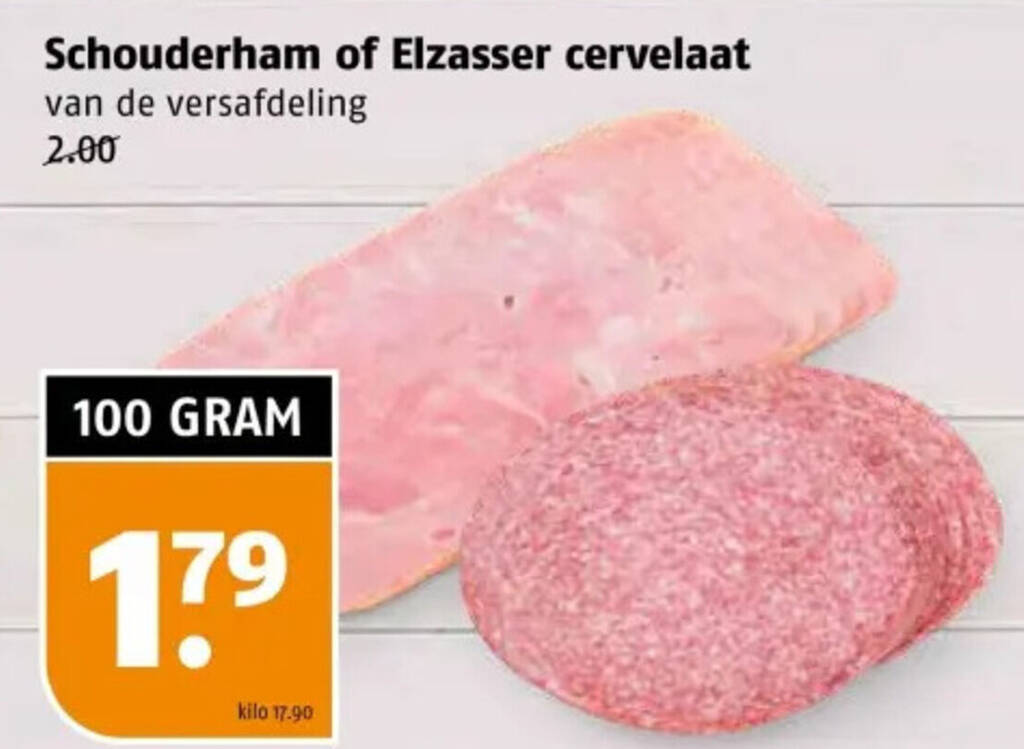 Schouderham of Elzasser cervelaat 100 g aanbieding bij Poiesz