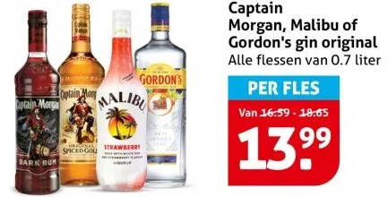 Captain Morgan, Malibu of Gordon's gin original aanbieding bij Hoogvliet