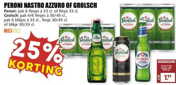 PERONI NASTRO AZZURO OF GROLSCH aanbieding bij MCD Supermarkt