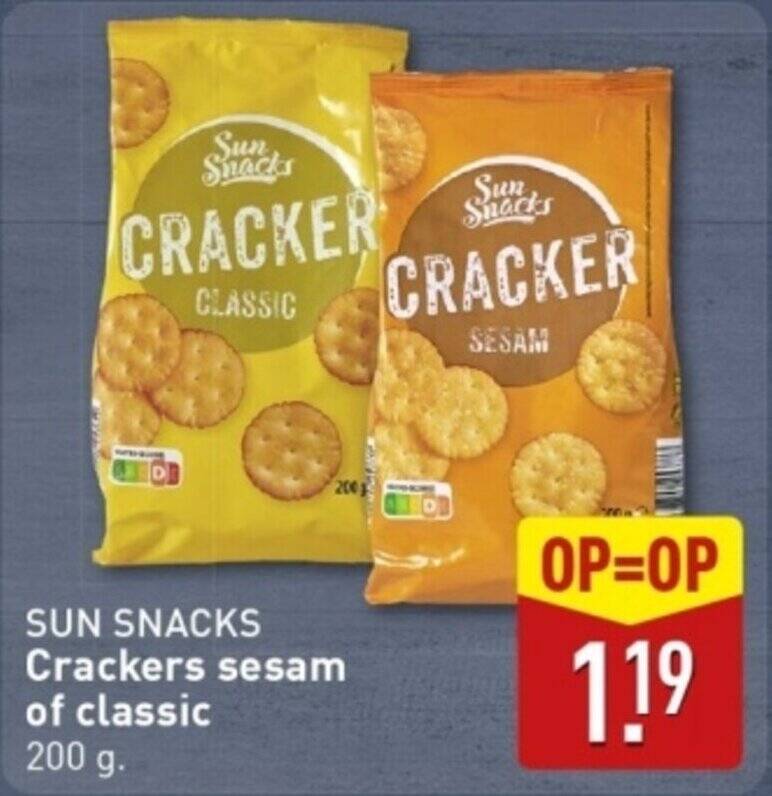 Sun Snacks Crackers sesam of classic 200 gram aanbieding bij ALDI