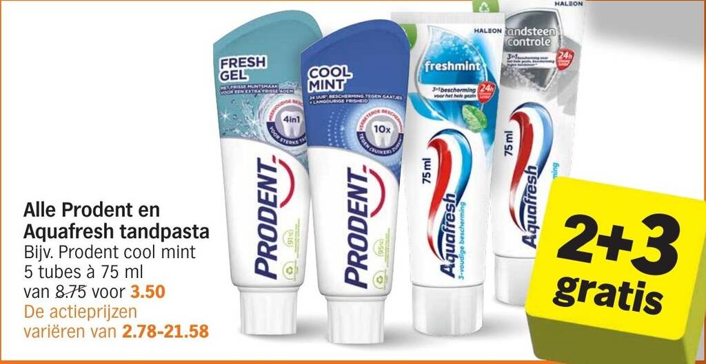 Alle Prodent en Aquafresh tandpasta 75 ml 2+3 gratis aanbieding bij Albert Heijn