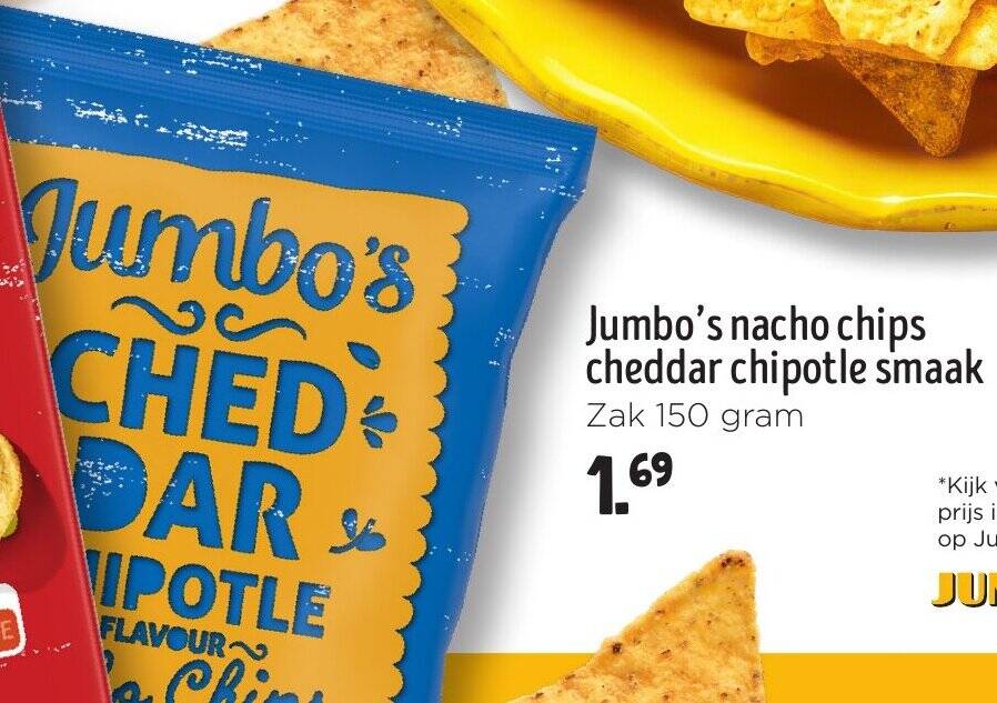 Jumbo's nacho chips cheddar chipotle smaak 150 g aanbieding bij Jumbo