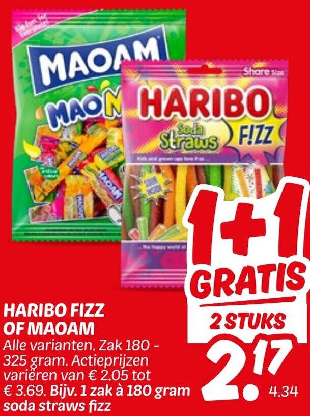 Haribo fizz of maoam 180-325 g 1+1 gratis aanbieding bij Dekamarkt