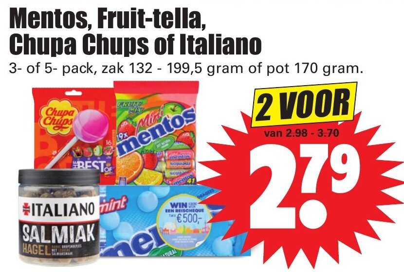 Mentos, Fruit-tella, Chupa Chups of Italiano aanbieding bij Dirk