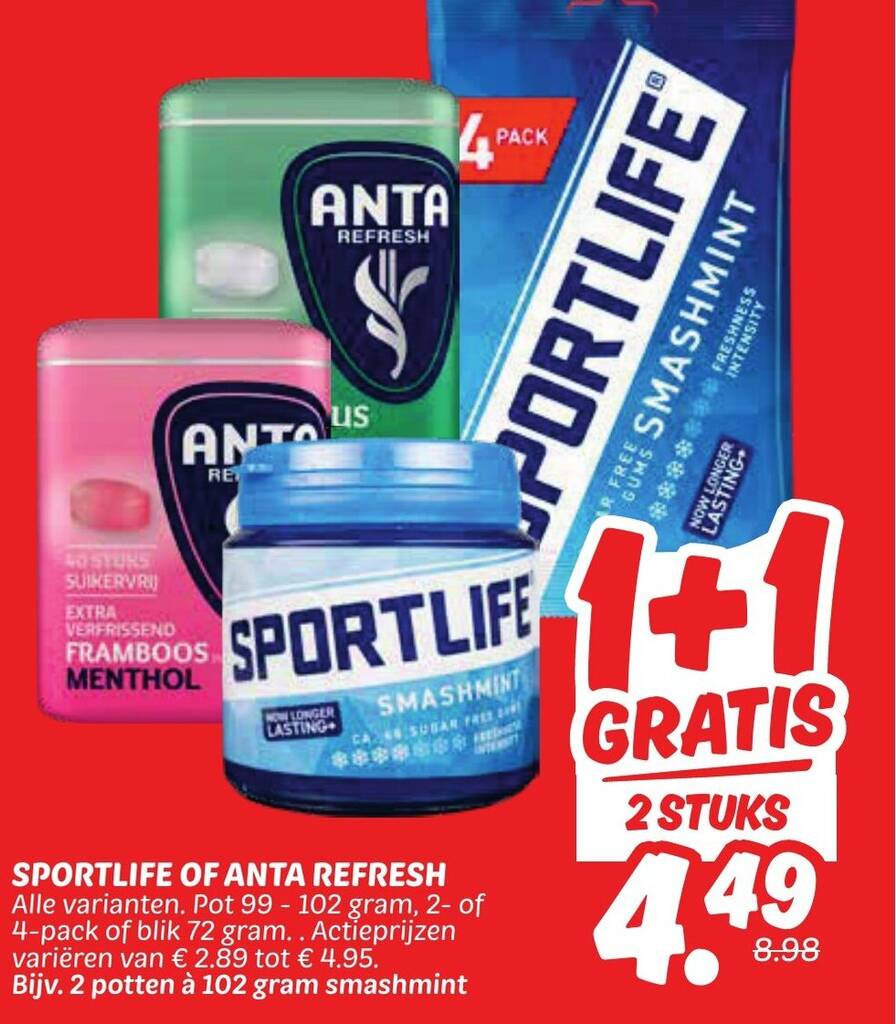 Sportlife of anta refresh 99-102 g 1+1 GRATIS aanbieding bij Dekamarkt