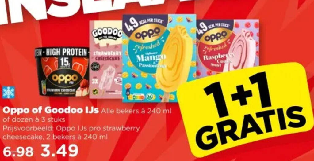 Oppo of Goodoo IJs 240 ml 1+1 gratis aanbieding bij PLUS