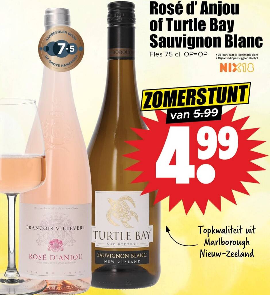 Rosé d'Anjou of Turtle Bay Sauvignon Blanc 75 cl. aanbieding bij Dirk