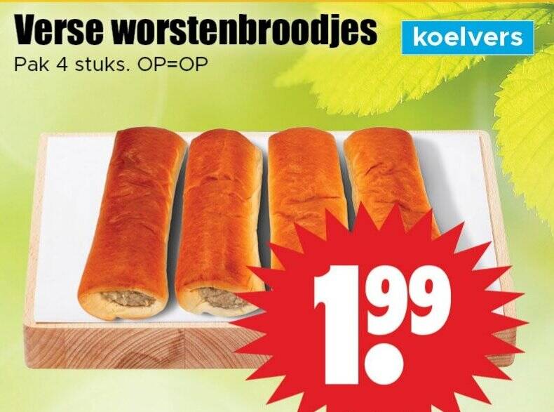 Verse worstenbroodjes koelvers aanbieding bij Dirk