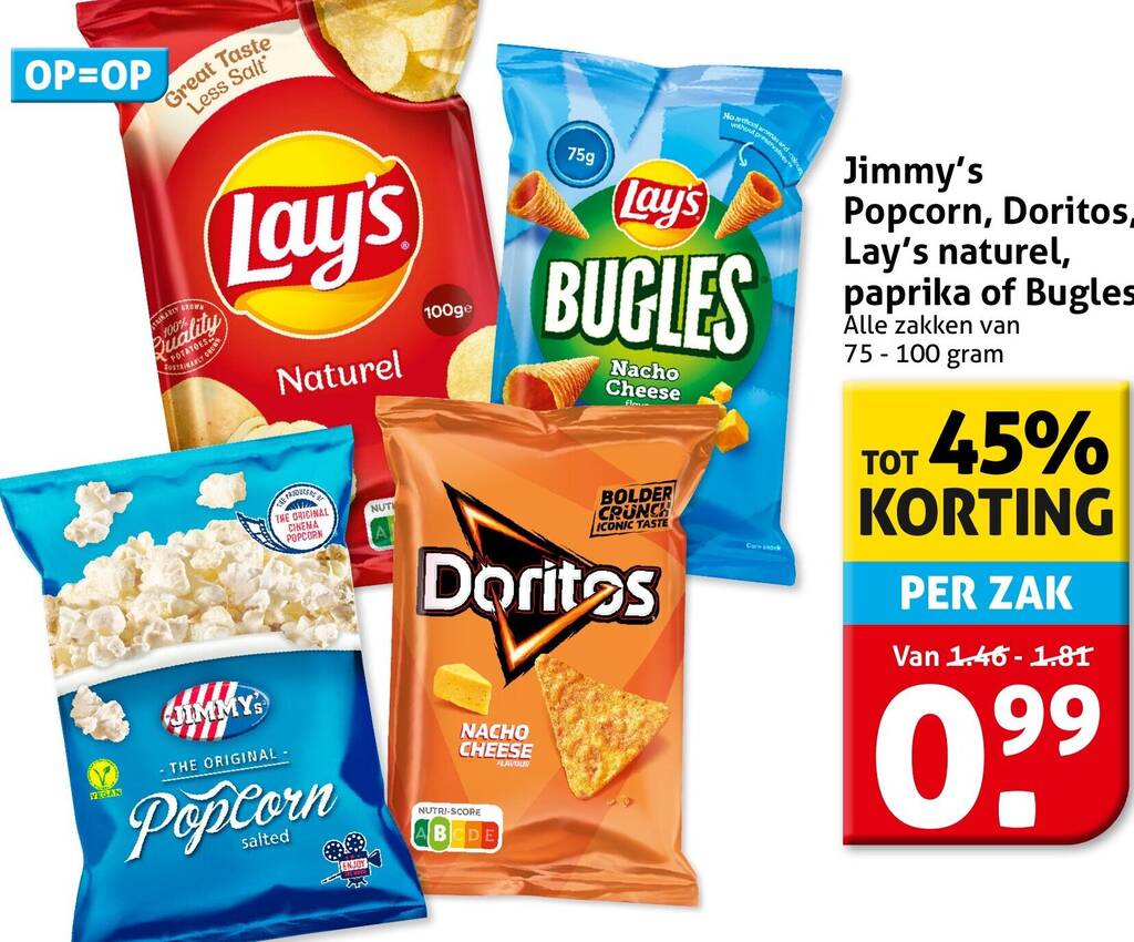 Jimmy's Popcorn, Doritos, Lay's naturel, paprika of Bugles 75 / 100 ...