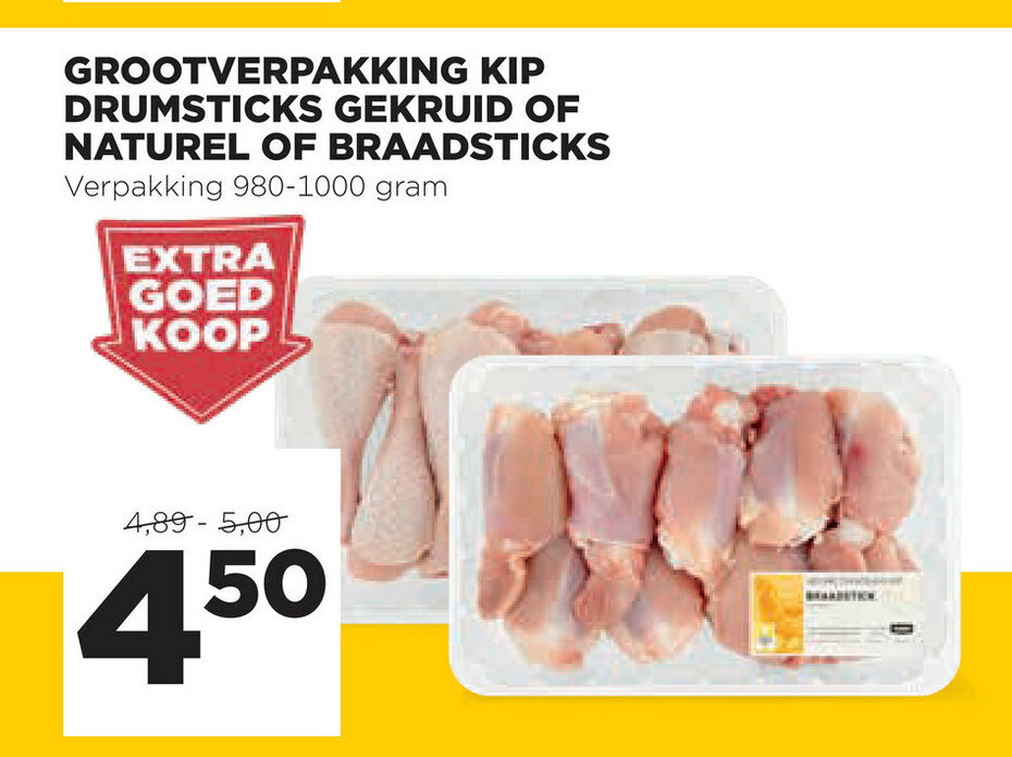 Grootverpakking kip drumsticks gekruid of naturel of braadsticks 980-1000 gram aanbieding bij Jumbo