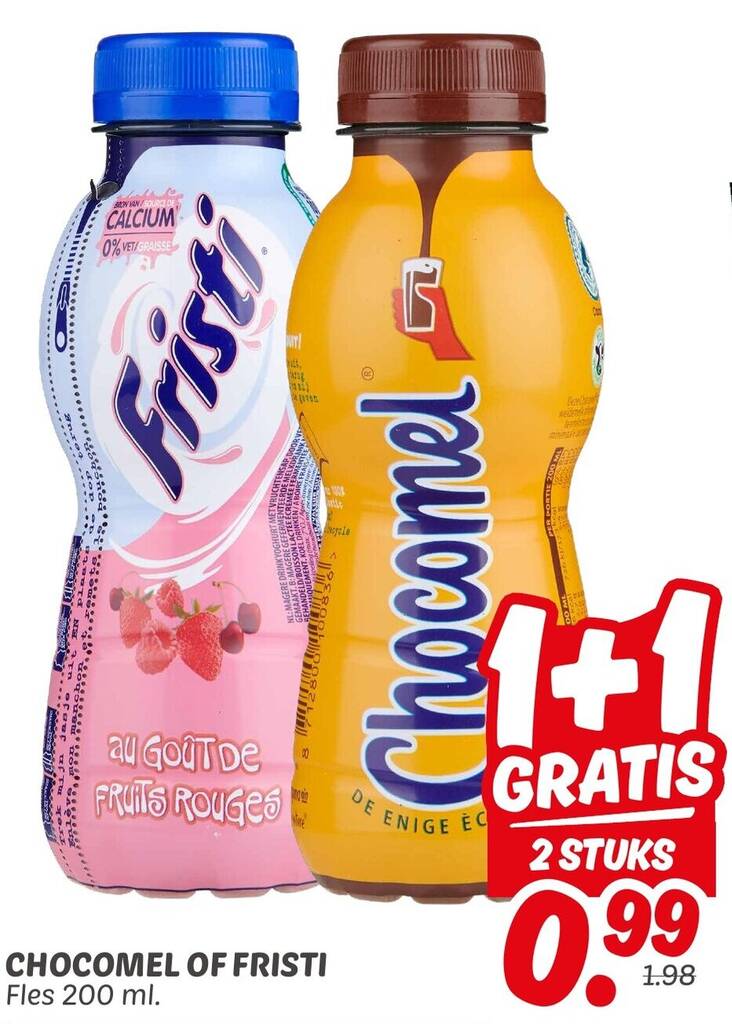 Chocomel of fristi 200 ml 1+1 GRATIS aanbieding bij Dekamarkt