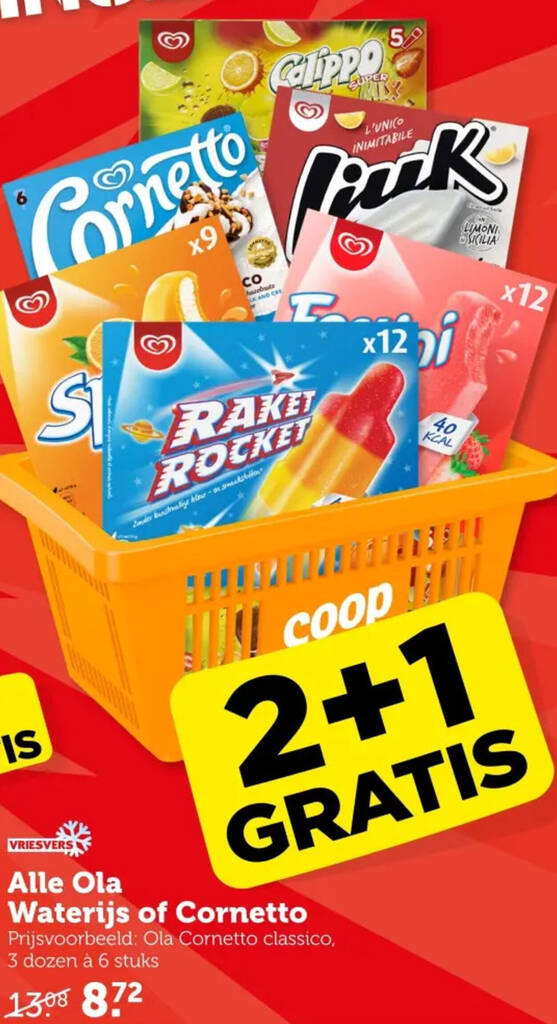 Alle Ola Waterijs of Cornetto 2+1 gratis aanbieding bij Coop