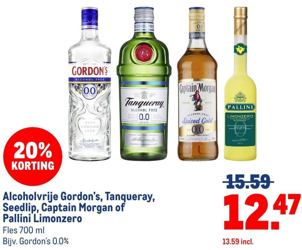Alcoholvrije Gordon's, Tanqueray, Seedlip, Captain Morgan of Pallini ...