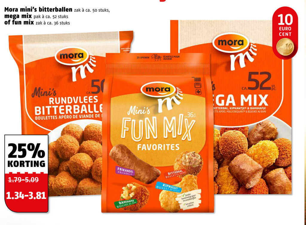 Mora mini's bitterballen, mega mix of fun mix aanbieding bij Poiesz