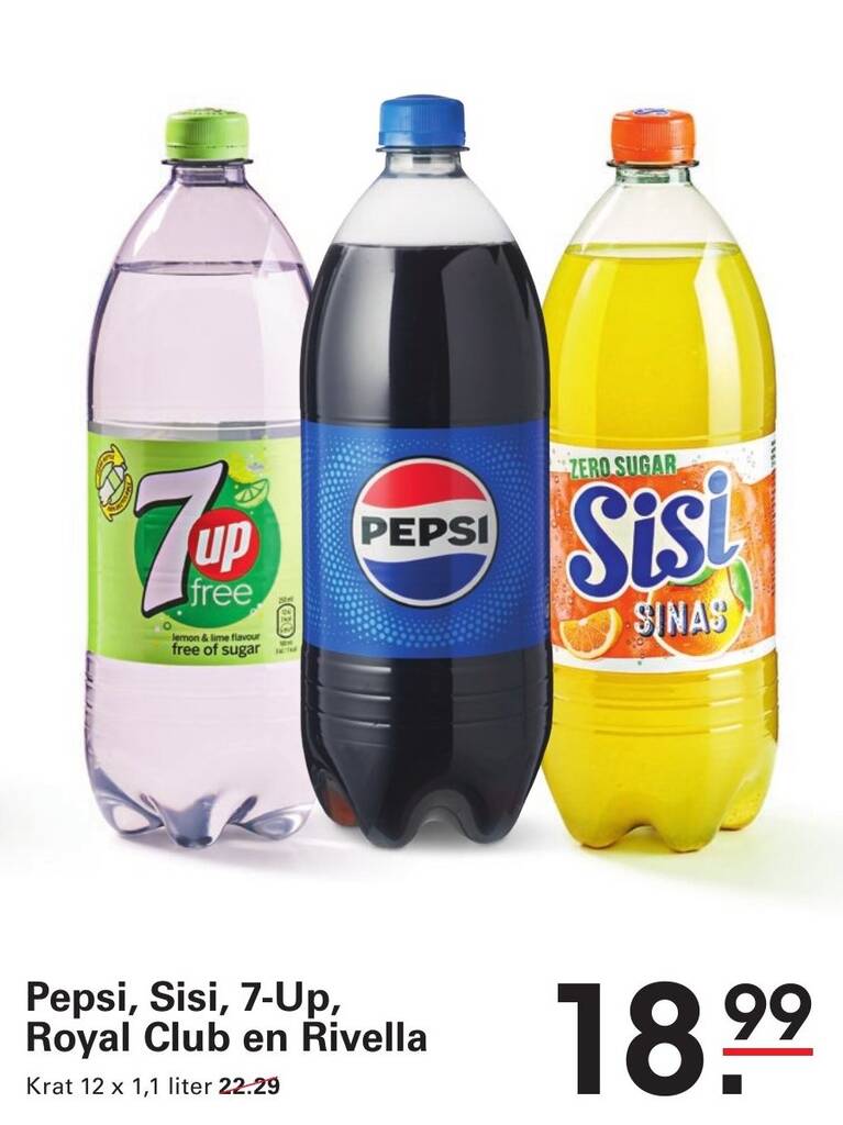 Pepsi, Sisi, 7 Up, Royal Club en Rivella 12 x 1,1 liter aanbieding bij ...