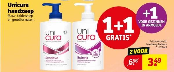 Unicura handzeep 1+1 gratis aanbieding bij Kruidvat