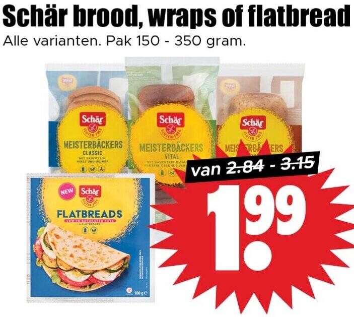 Schär brood, wraps of flatbread 150/350 g aanbieding bij Dirk