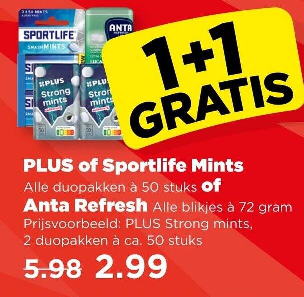 PLUS of Sportlife Mints of Anta Refresh 72 g 1+1 GRATIS aanbieding bij PLUS