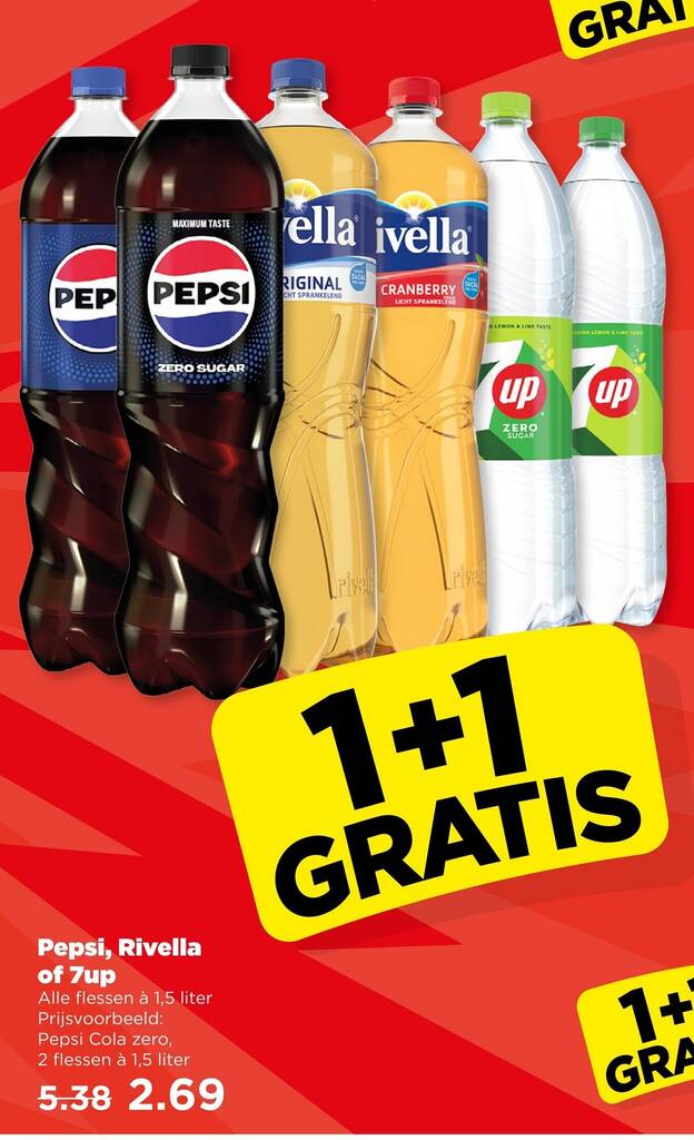 Pepsi, Rivella of 7up 1,5 l 1+1 GRATIS aanbieding bij PLUS