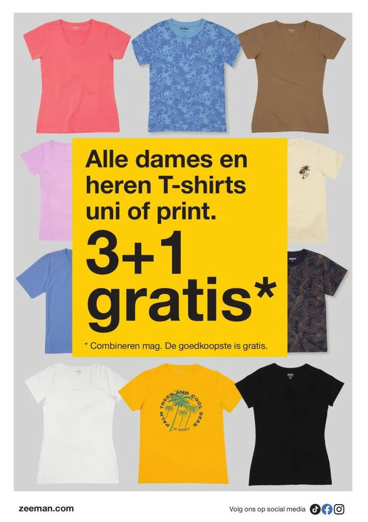 Alle dames en heren T-shirts uni of print. aanbieding bij Zeeman