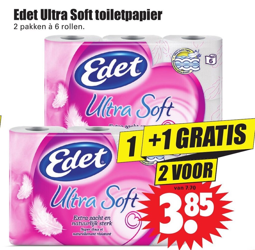 Edet ultra soft toiletpapier 1+1 gratis 2 voor aanbieding bij Dirk