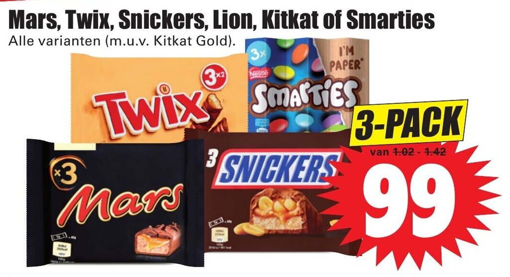 Mars, Twix, snickers, Lion, Kitkat of Smarties aanbieding bij Dirk