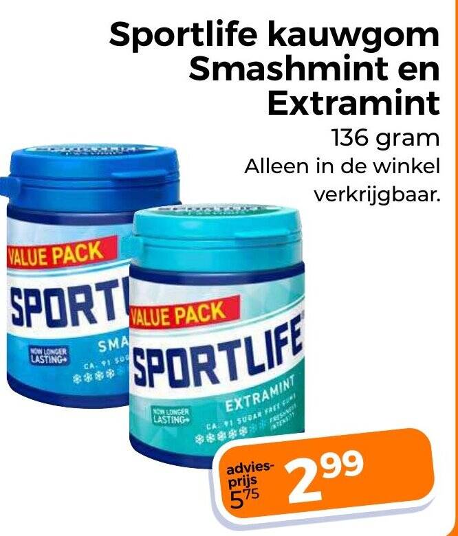 Sportlife kauwgom Smashmint en Extramint 136 g aanbieding bij Trekpleister