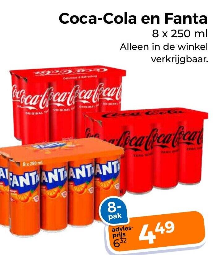 Coca-Cola en Fanta 8x250 ml aanbieding bij Trekpleister
