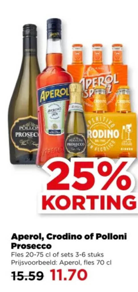 Aperol, Crodino of Polloni Prosecco 20 - 75 cl aanbieding bij PLUS