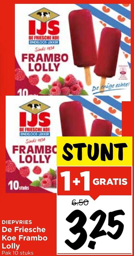 De Friesche Koe Frambo Lolly 1+1 gratis aanbieding bij Vomar Voordeelmarkt