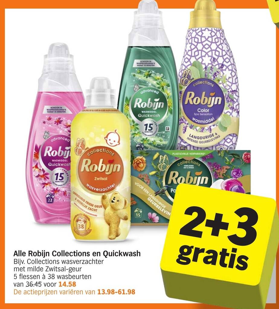 Alle Robijn Collections en Quickwash 2+3 gratis aanbieding bij Albert Heijn