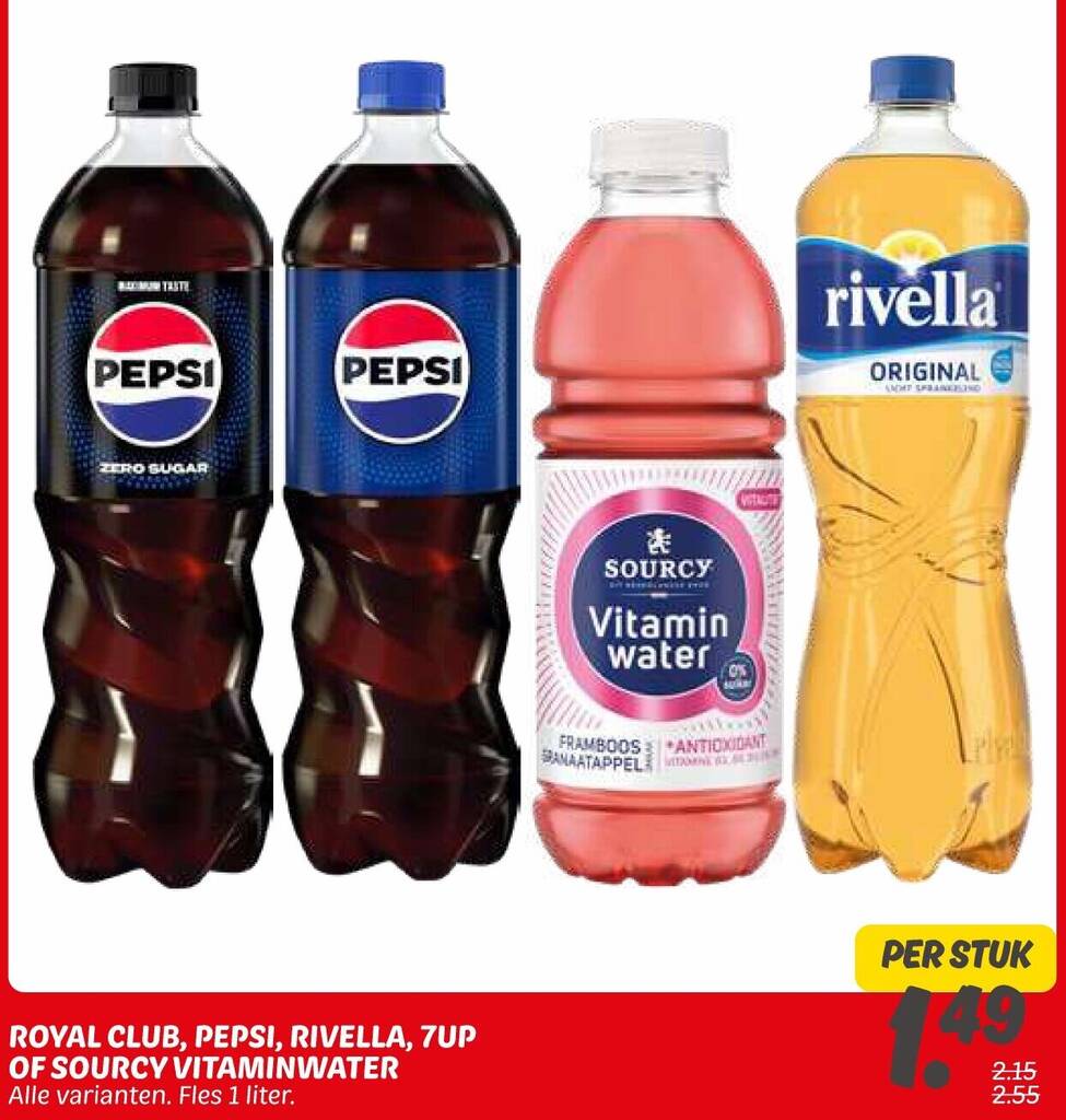 ROYAL CLUB, PEPSI, RIVELLA, 7UP OF SOURCY VITAMINWATER 1 L aanbieding ...