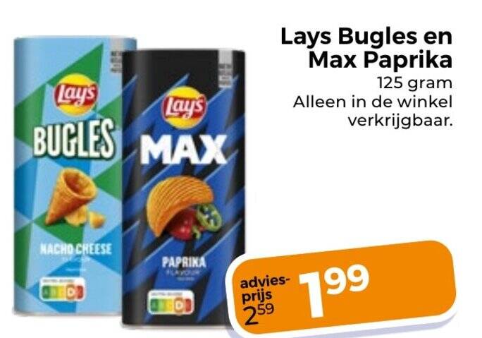 Lays Bugles en Max Paprika 125 g aanbieding bij Trekpleister
