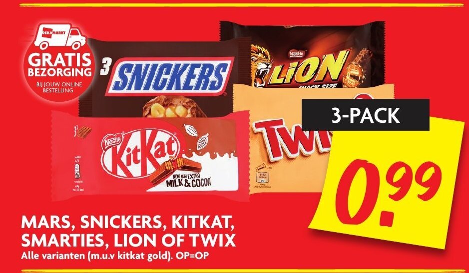 Mars, Snickers, Kitkat, Smarties,Lion of Twix aanbieding bij Dekamarkt