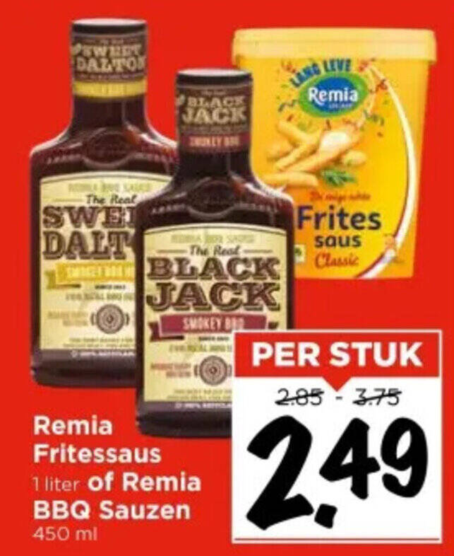 Remia Fritessaus of Remia BBQ Sauzen 1 L aanbieding bij Vomar Voordeelmarkt