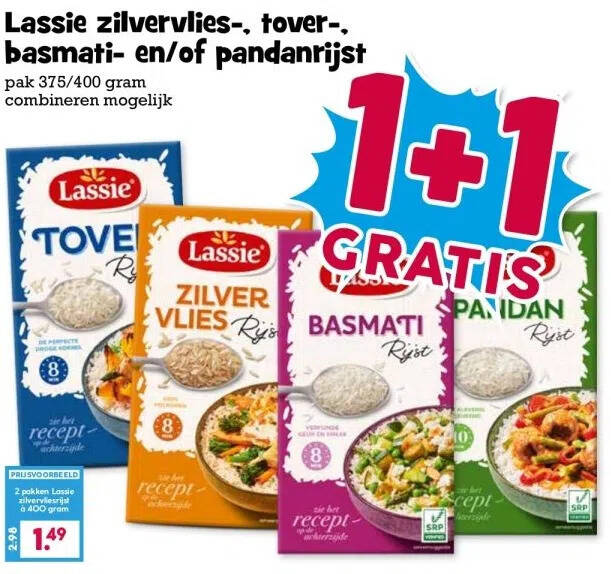 Lassie zilvervlies, tover, basmati en/of pandanrijst 375 400 g 1+1 ...