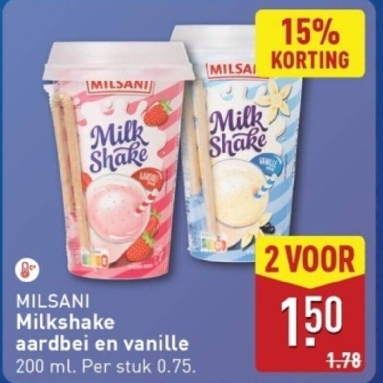 MILSANI Milkshake aardbei en vanille 200 ml aanbieding bij ALDI