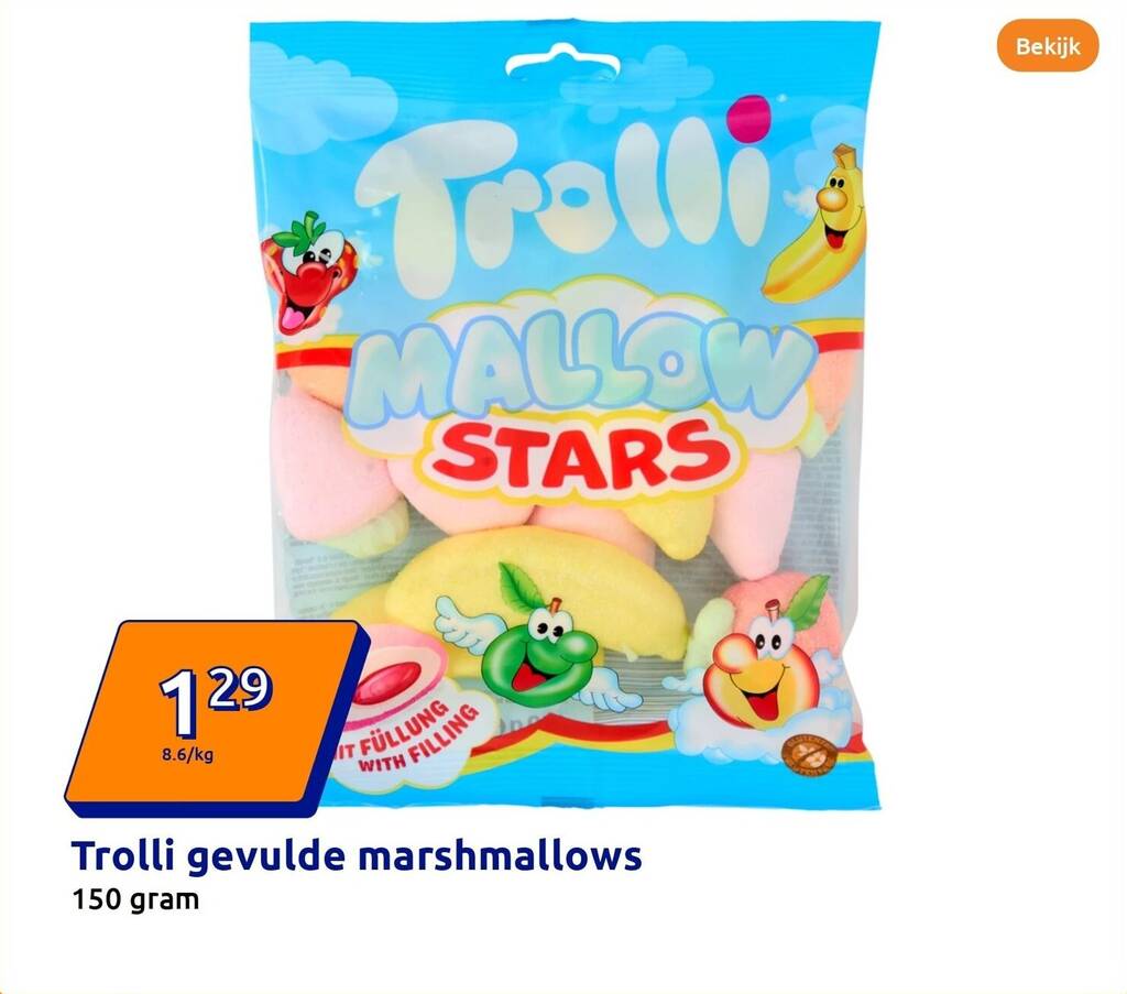 Trolli gevulde marshmallows 150 gram aanbieding bij Action
