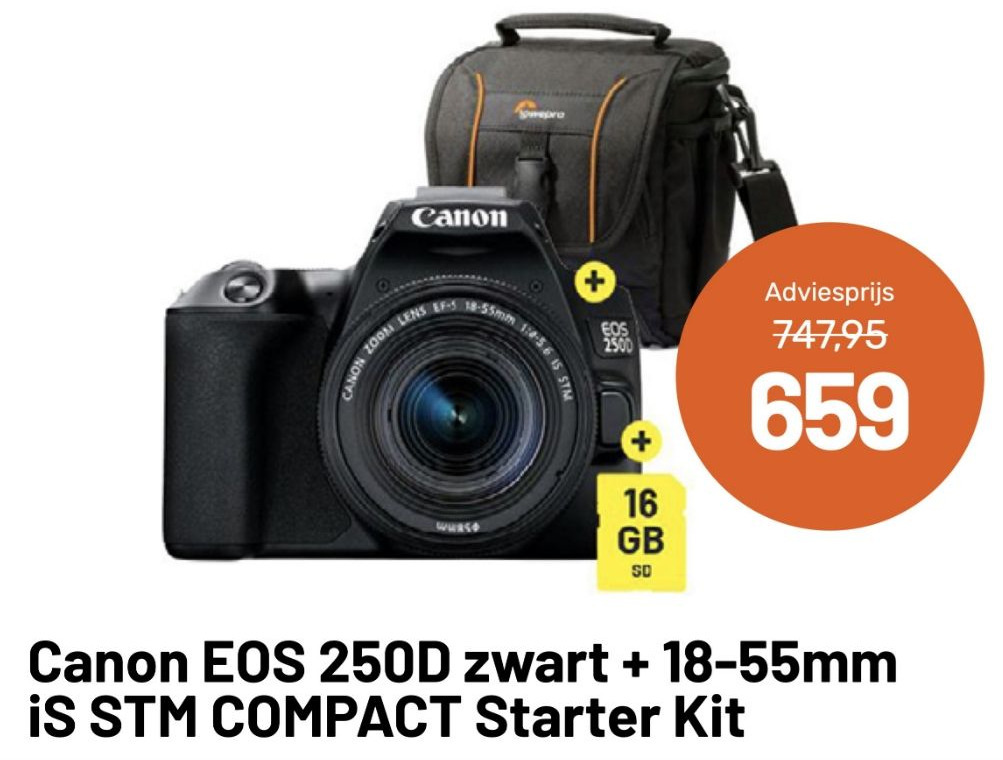 Canon EOS 250D zwart + 18-55mm IS STM COMPACT Starter Kit aanbieding bij Kamera Express